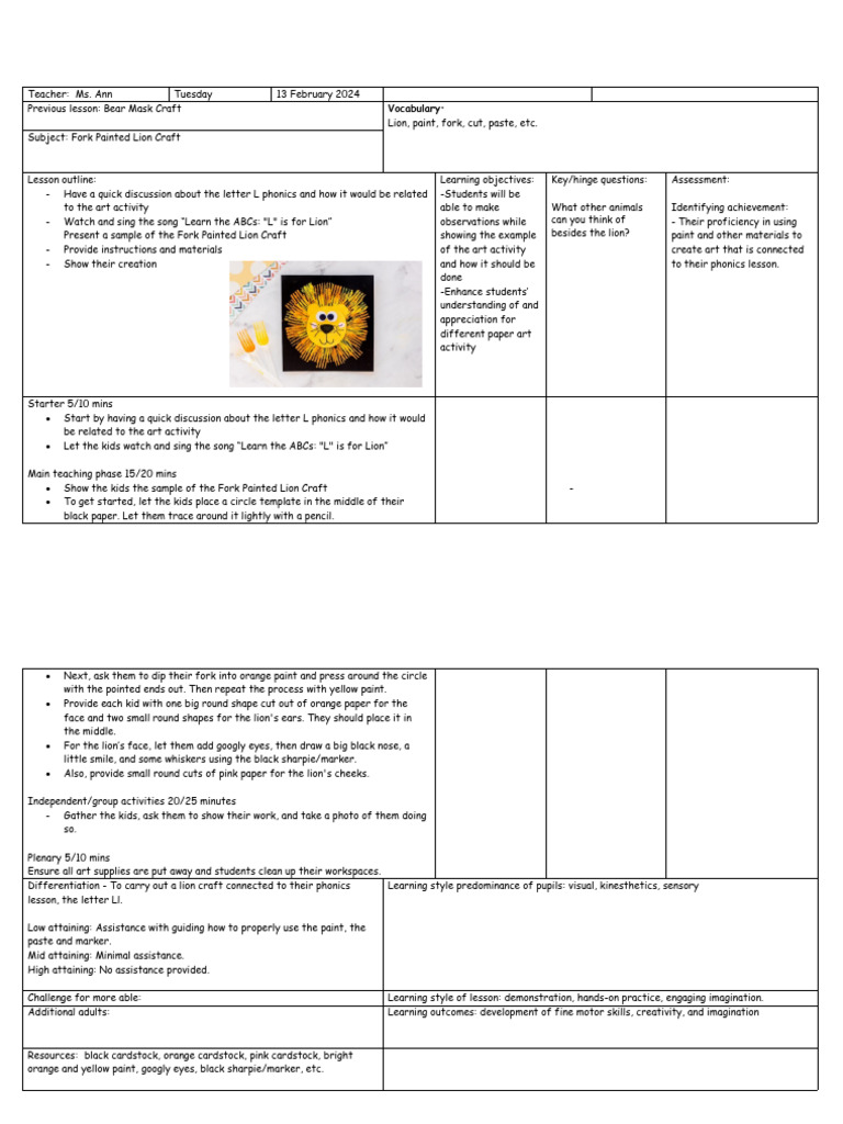 Week 22 - Art - Lesson Plan | PDF | Phonics | Lesson Plan
