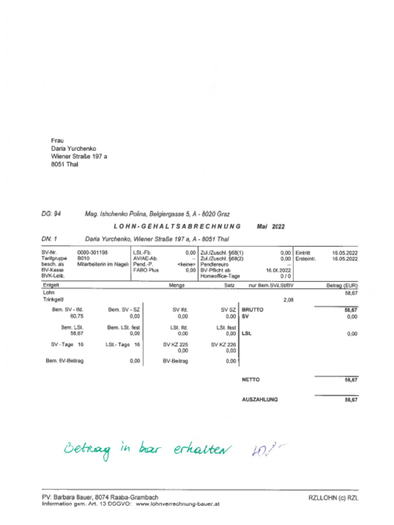 Lohnzettel Daria 2022 05-12 | PDF