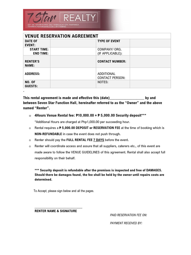 VENUE RESERVATION AGREEMENT - Sample | Download Free PDF | Renting