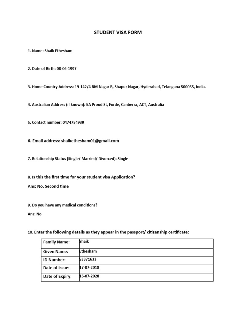 Shaik E.student Visa Form | Download Free PDF | Travel Visa | Passport