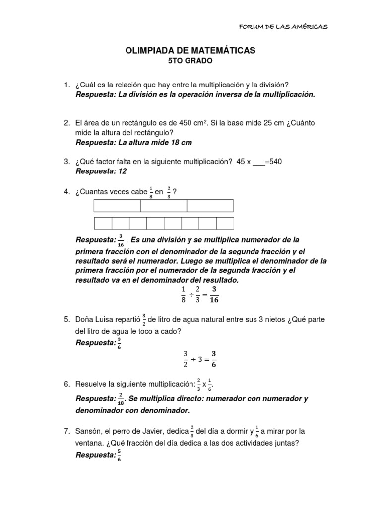 Olimpiada de Matematicas Quinto Grado | PDF | Multiplicación ...