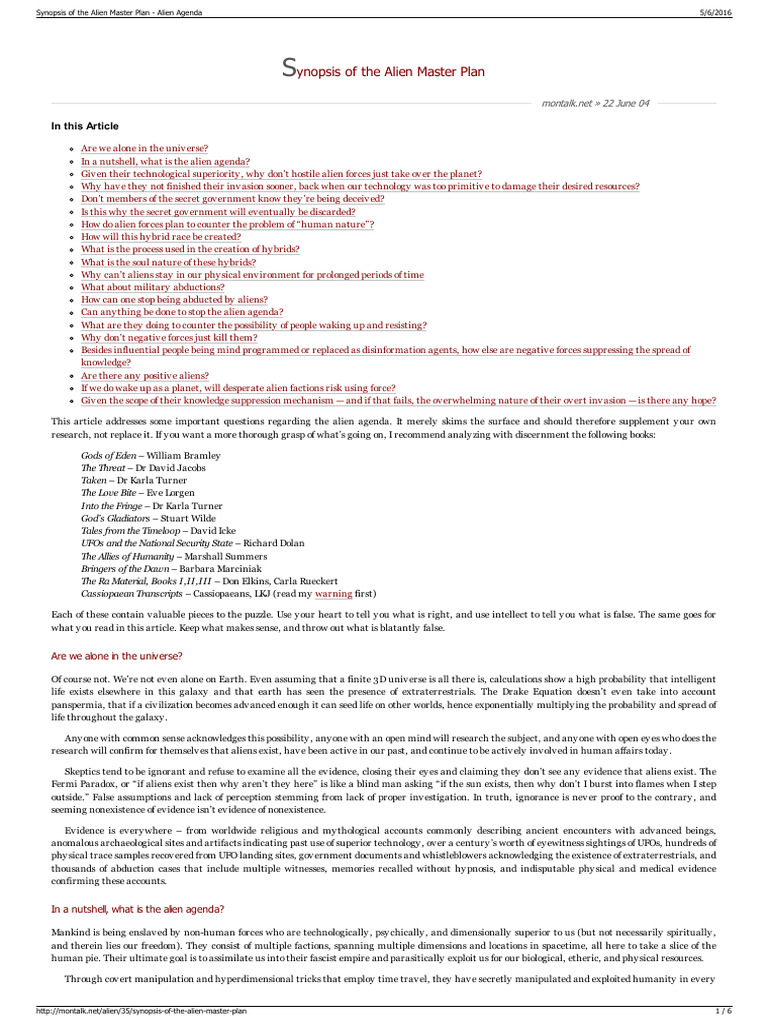 Synopsis of The Alien Master Plan | PDF | Alien Abduction | Genetics