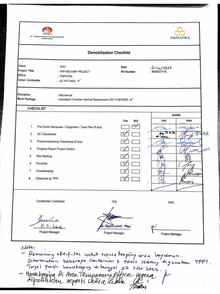 Demobilization Check List Signed | PDF