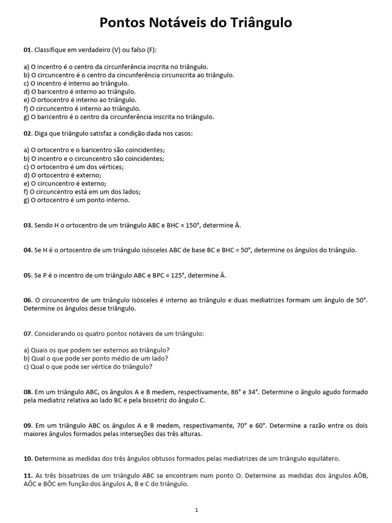 Lista 7 - Pontos Notáveis Do Triângulo | PDF | Triângulo | Formas geométricas