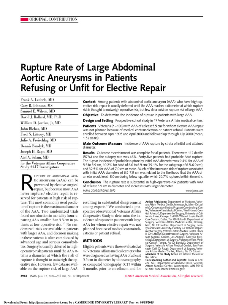 Rupture Rate of Large Abdominal Aortic Aneurysms in Patients Refusing ...