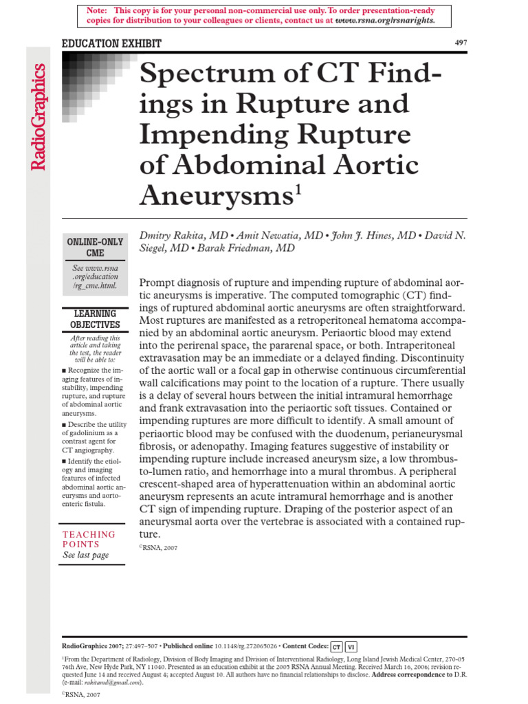 Spectrum of CT Find - Ings in Rupture and Impending Rupture of Abdominal Aortic Aneurysms | PDF ...