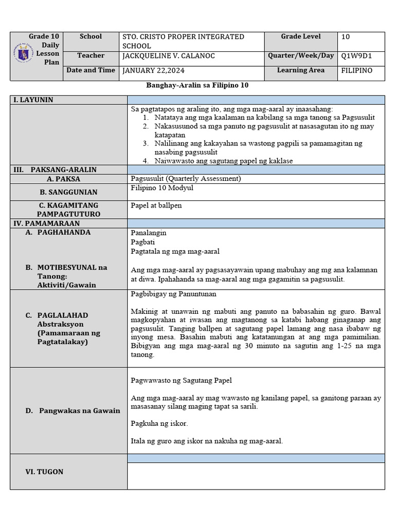 Banghay Aralin para Sa Pagsusulit | PDF