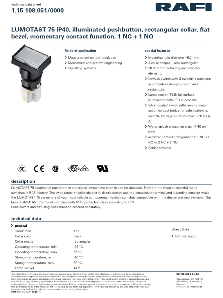 1.15.108.051/0000 LUMOTAST 75 IP40, Illuminated Pushbutton, Rectangular Collar, Flat Bezel ...