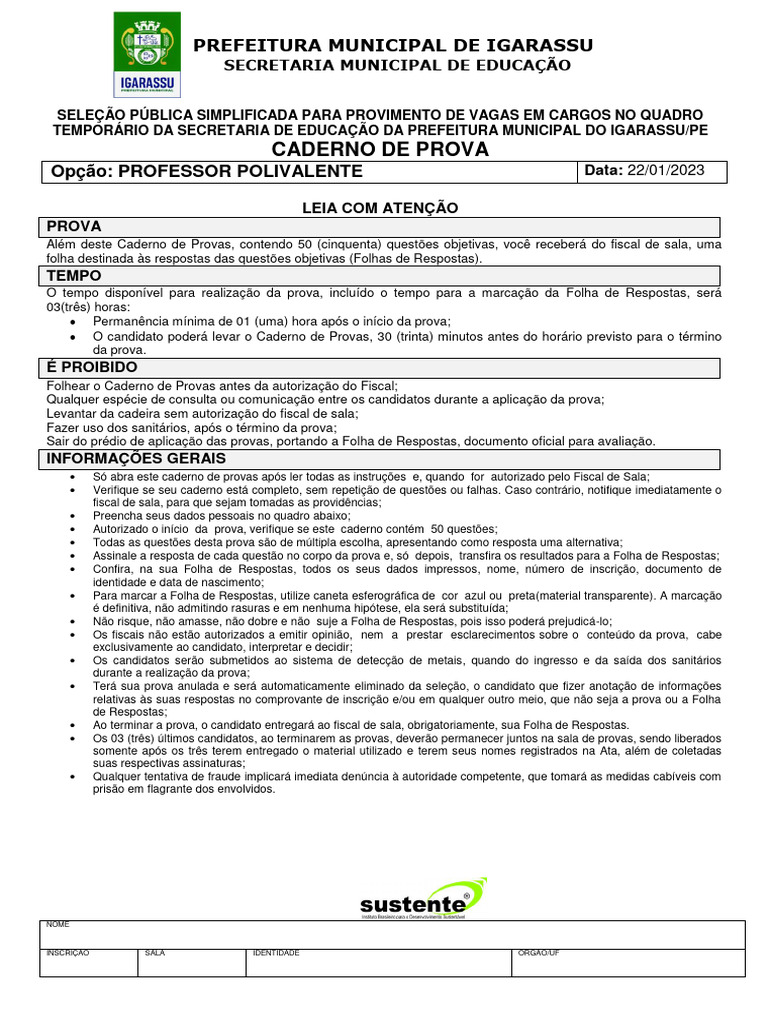 Prova Professor Polivalente | PDF | Pedagogia | Aprendizado