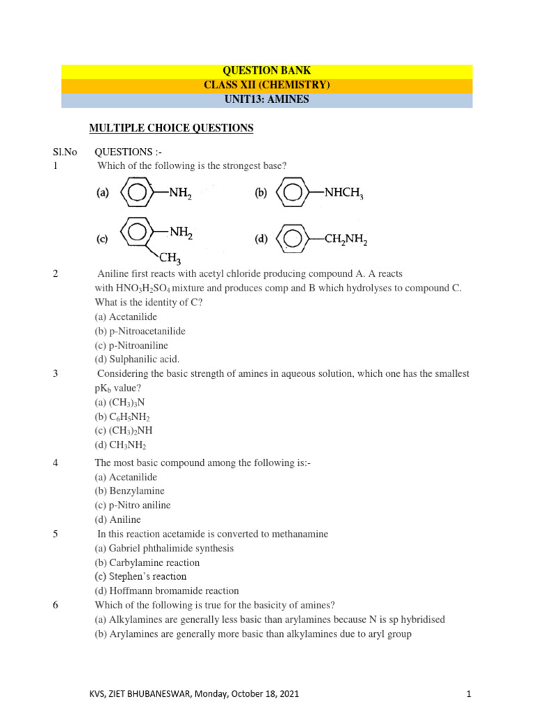 MCQ Amines | PDF | Amine | Chemical Reactions