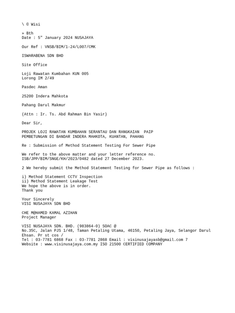 Submission Of Method Statement Testing For Sewer Pipe Pdf Pump Camera