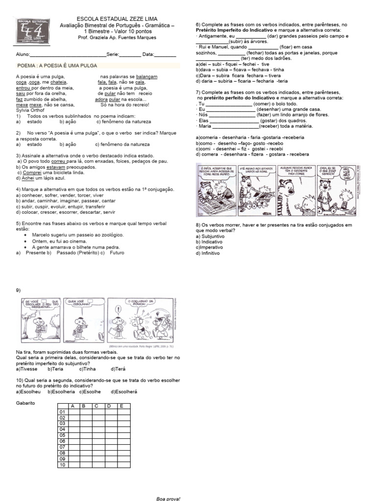 Prova 7 Ano Gramatica 1 Bimestre Pdf Conjugação Gramática
