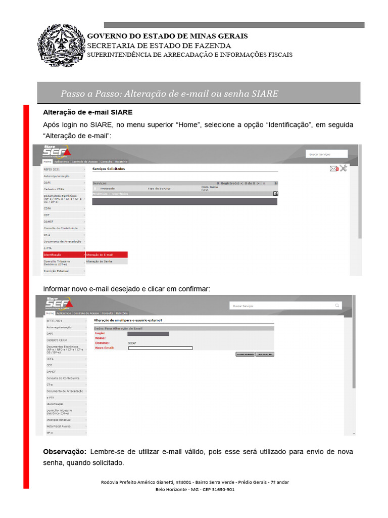 Passo A Passo Alteracao de e Mail Ou Senha SIARE | PDF | Direito