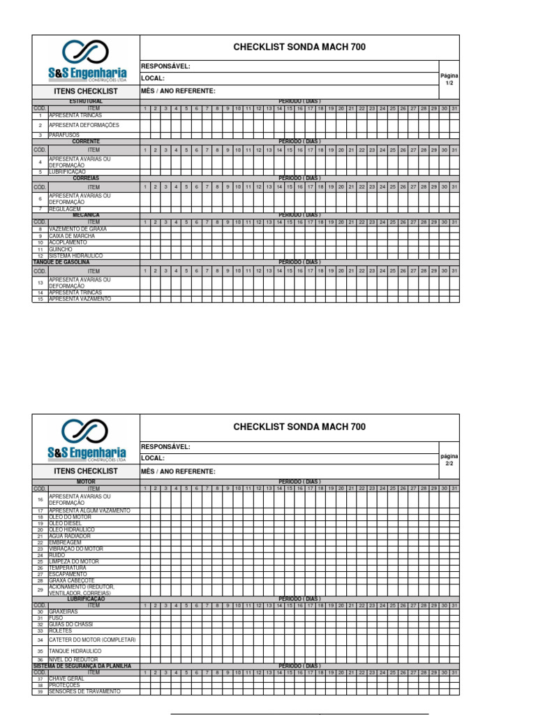4 - Check List Mach 700 Diário | PDF | Óleo de motor | Veículos