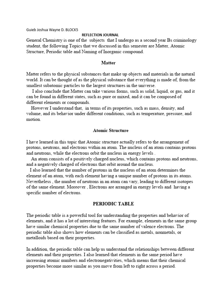 Gen Chem Reflection Journal | PDF | Atoms | Chemical Compounds