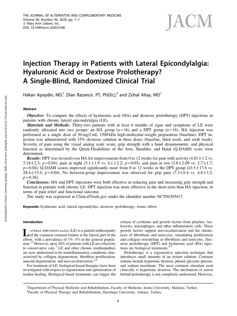Injection Therapy in Patients With Lateral Epicondylalgia: Hyaluronic ...
