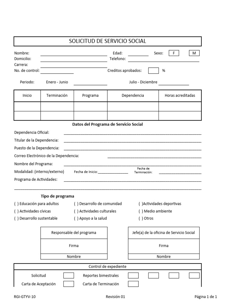 RGI-GTYV-10 Solicitud de Servicio Social | PDF