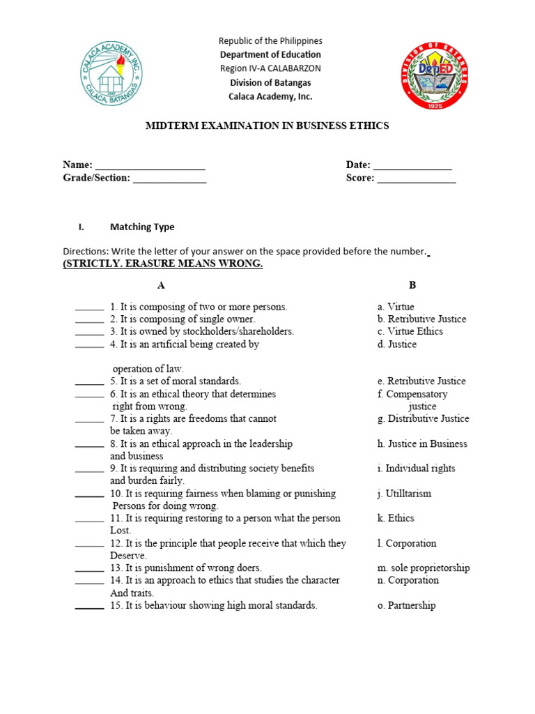 Business Ethics Midterm Exam Guide | PDF | Justice | Crime & Violence