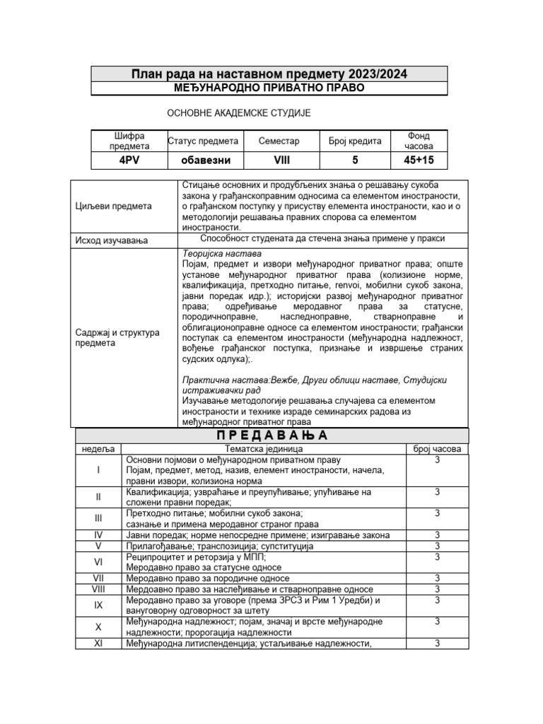 23O 4.07 Plan 2023-2024 4.07 Medjunarodno Privatno Pravo - Plan Rada | PDF