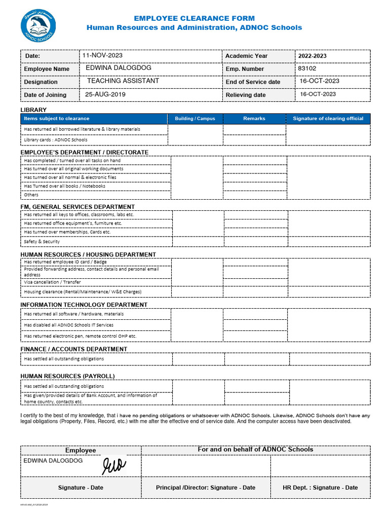 Employee Clearance Form-2022-2023 Final 2 | PDF | Libraries | Human ...