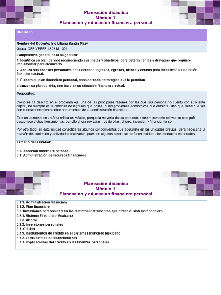 PLANEACI N DID CTICA UNIDAD 3 | PDF | Educación financiera | Sistema financiero