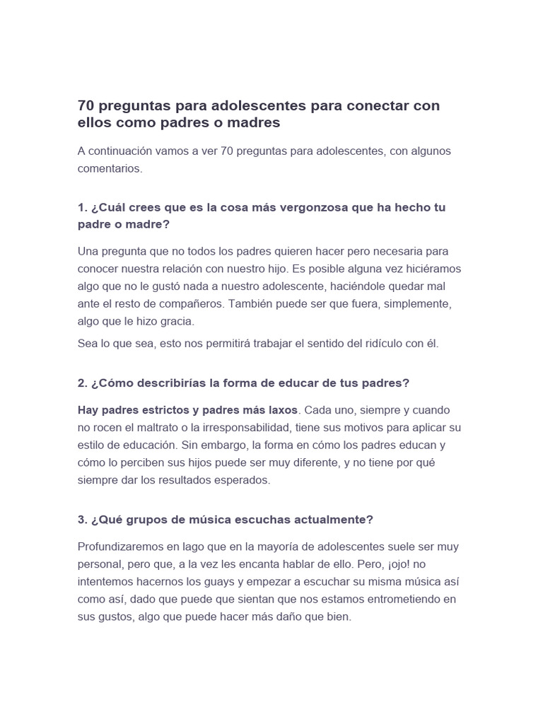 70 Preguntas para Adolescentes para Conectar Con Ellos Como Padres o ...