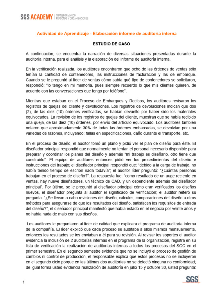 Actividad De N°9 Aprendizaje Elaboración Informe De Auditoría Interna