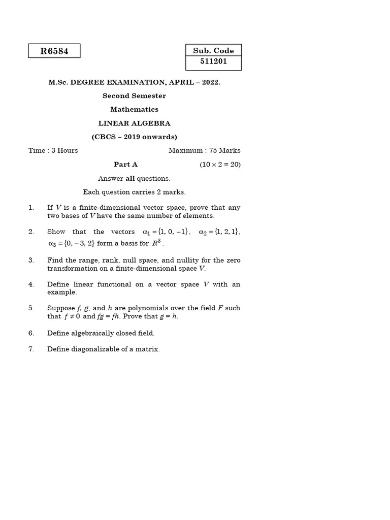 2022 - April - PG - 7.M.Sc., Mathematics - 7.M.Sc., Mathematics | PDF | Linear Map | Vector Space