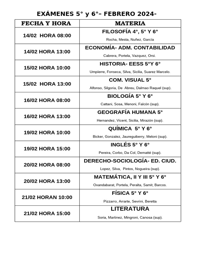 EXAMENES 5° y 6° NOTIFICAR FEBRERO 2024 | PDF