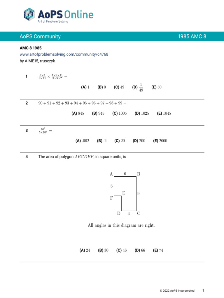 Amc8 1985 | PDF | Area | Mathematics