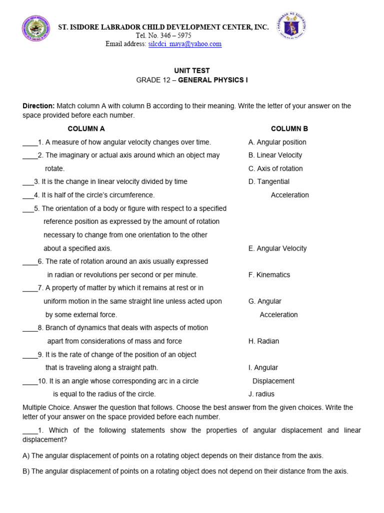 Unit Test - Physics 1 | PDF | Rotation Around A Fixed Axis | Acceleration