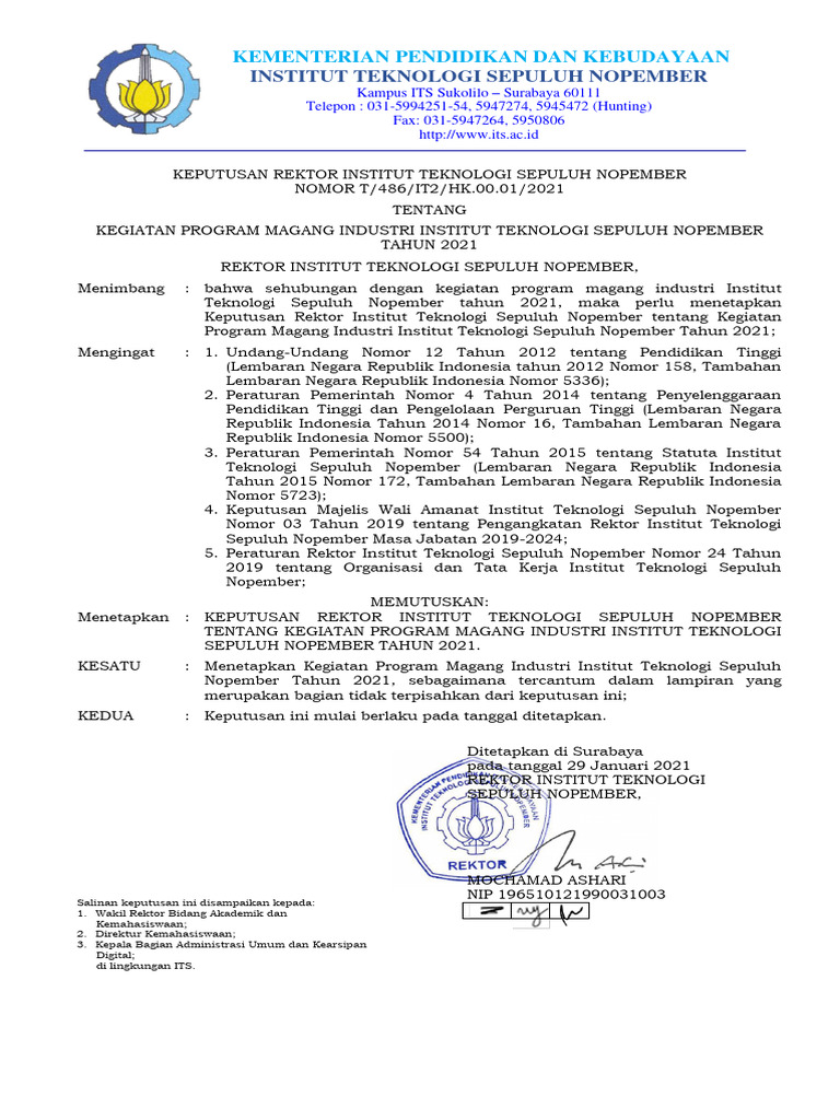 486 SK Rektor TTG Kegiatan Program Magang Industri ITS Tahun 2021 | PDF