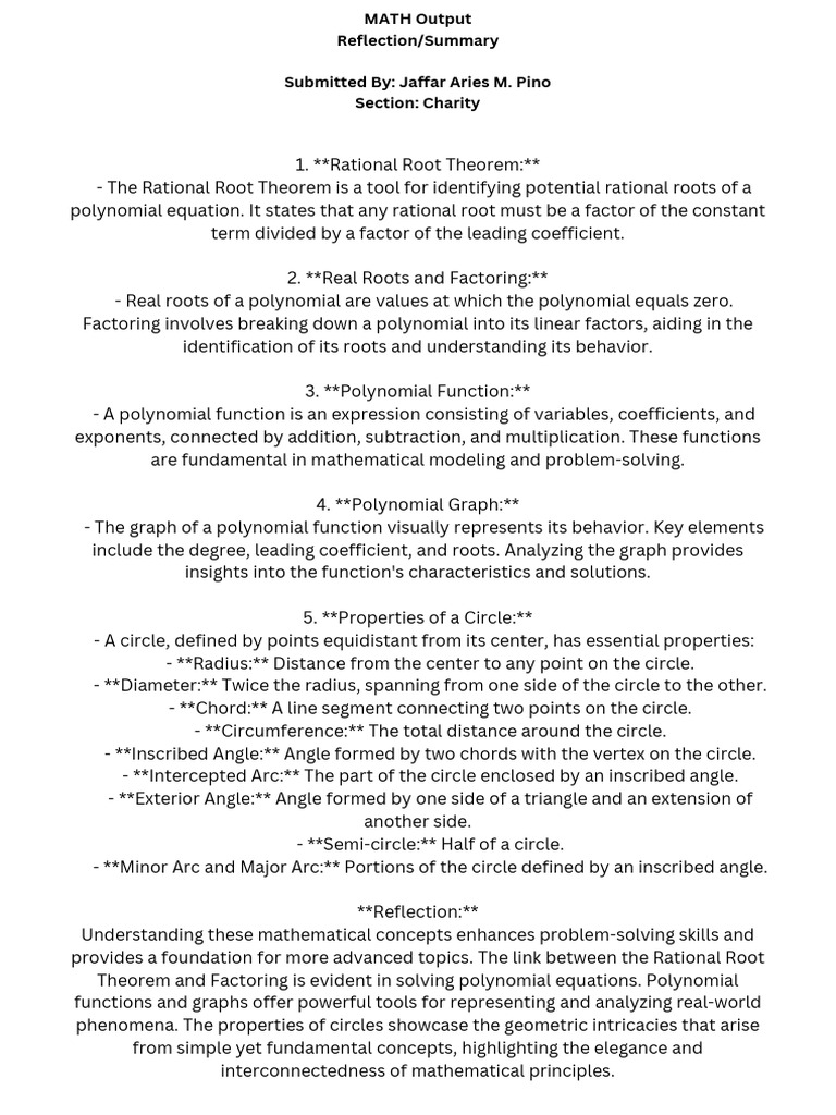 MATH Output ReflectionSummary Submitted by Jaffar Aries M. Pino Section Cha - 20240123 - 103451 ...