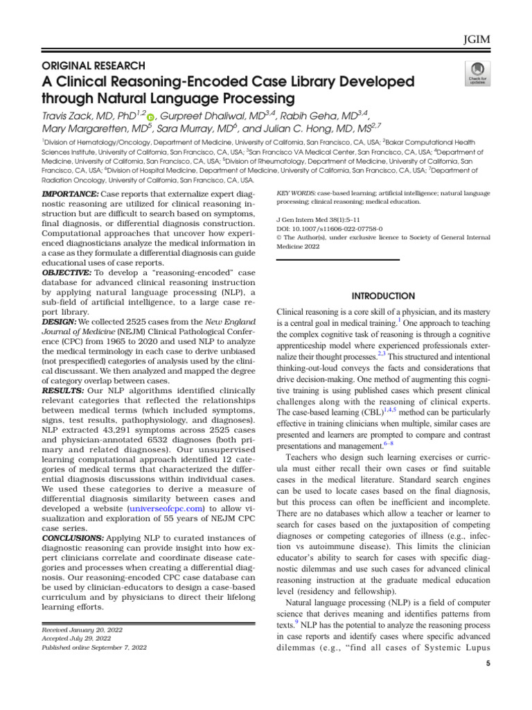 A Clinical Reasoning-Encoded Case Library Developed Through Natural Language Processing | PDF ...