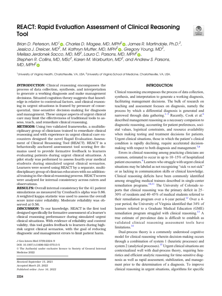 REACT Rapid Evaluation Assessment of Clinical ReasoningRool | PDF | Myocardial Infarction | Sepsis