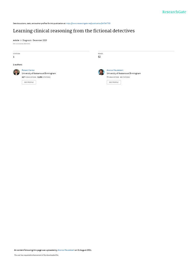 Diagnosis Learning Clinical Reasoning From The Fictional Detectives | PDF