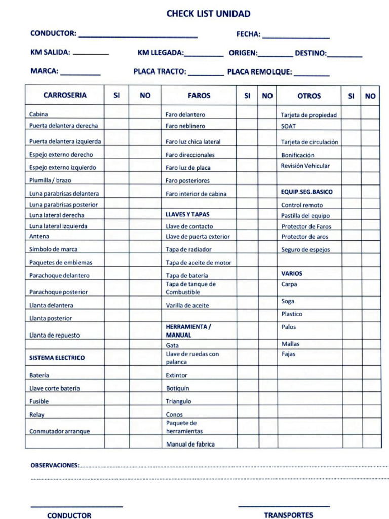 Check List Diario de Unidades | PDF