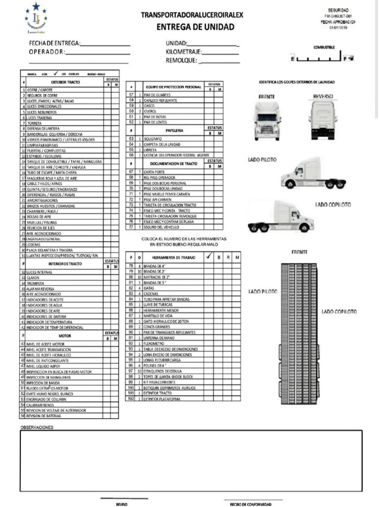 Check List Entrega de Unidad | PDF