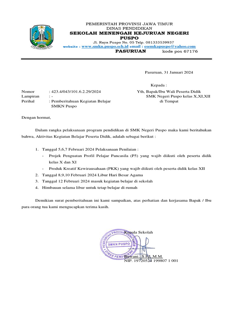 Surat Pemberitahuan Ke Ortu | PDF