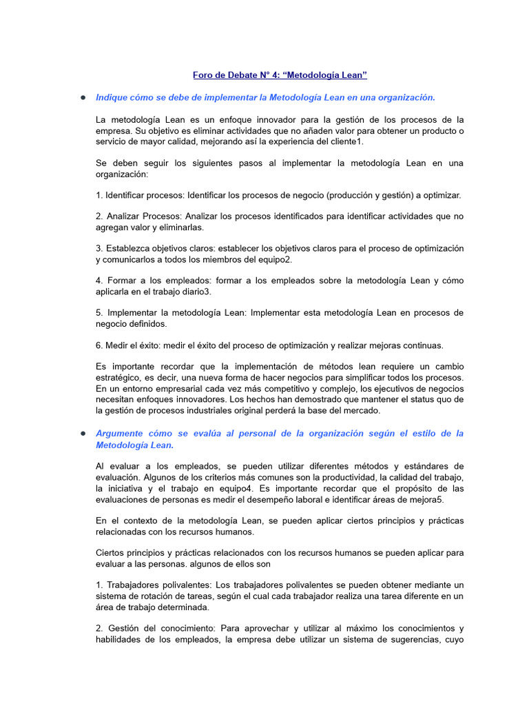 Foro de Debate 4 Metodologia Lean | PDF | Lean Manufacturing | Gestión de recursos humanos