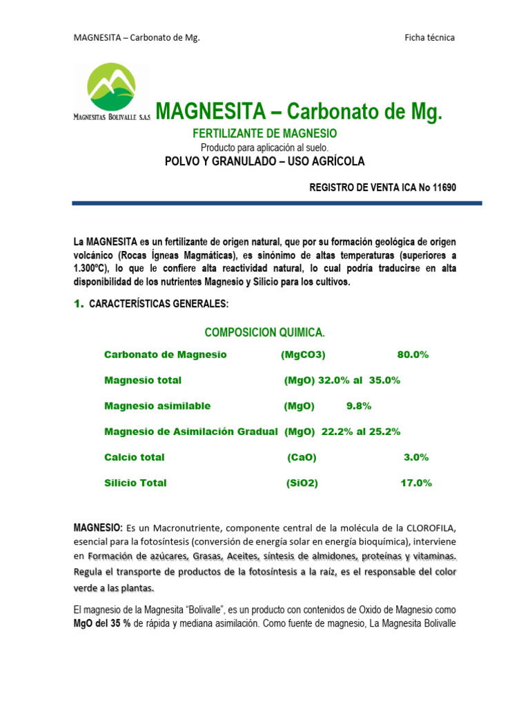 Ficha Técnica - Magnesita | PDF | Magnesio | Fertilizante