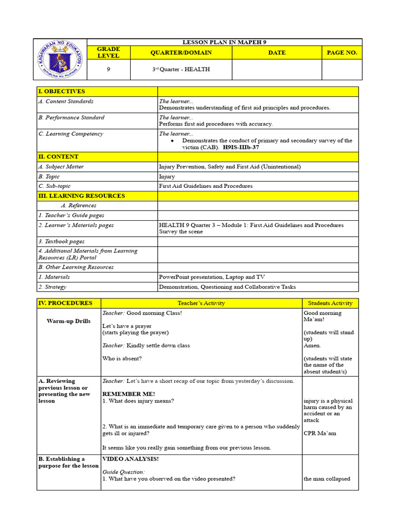 FINAL Lesson Plan (Health Injury) | PDF | Teachers | Learning