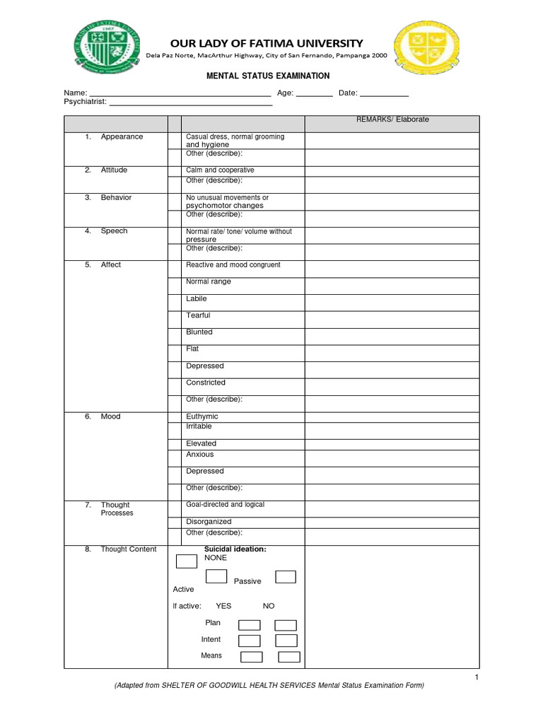 Mental Status Examination Template | PDF | Cognitive Science | Psychology