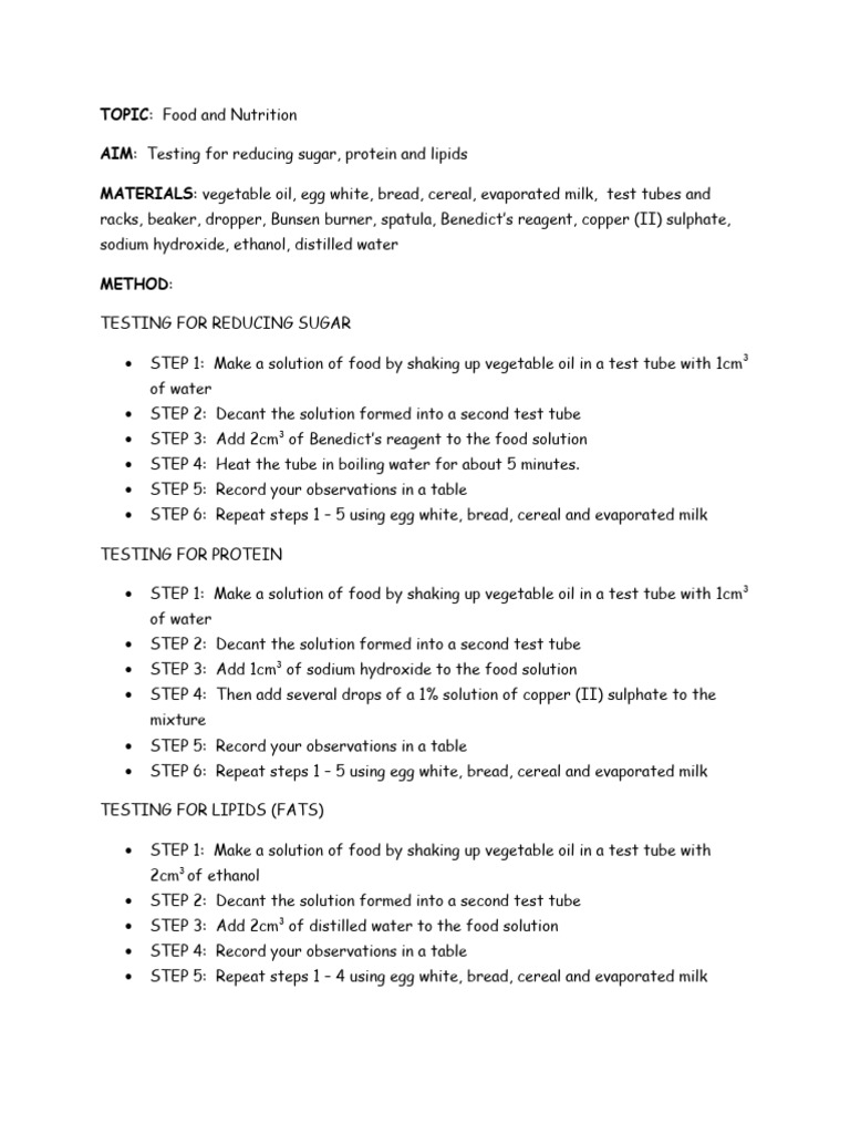 Lab 4. Testing For Reducing Sugar, Protein and Lipids | PDF | Foods | Oil