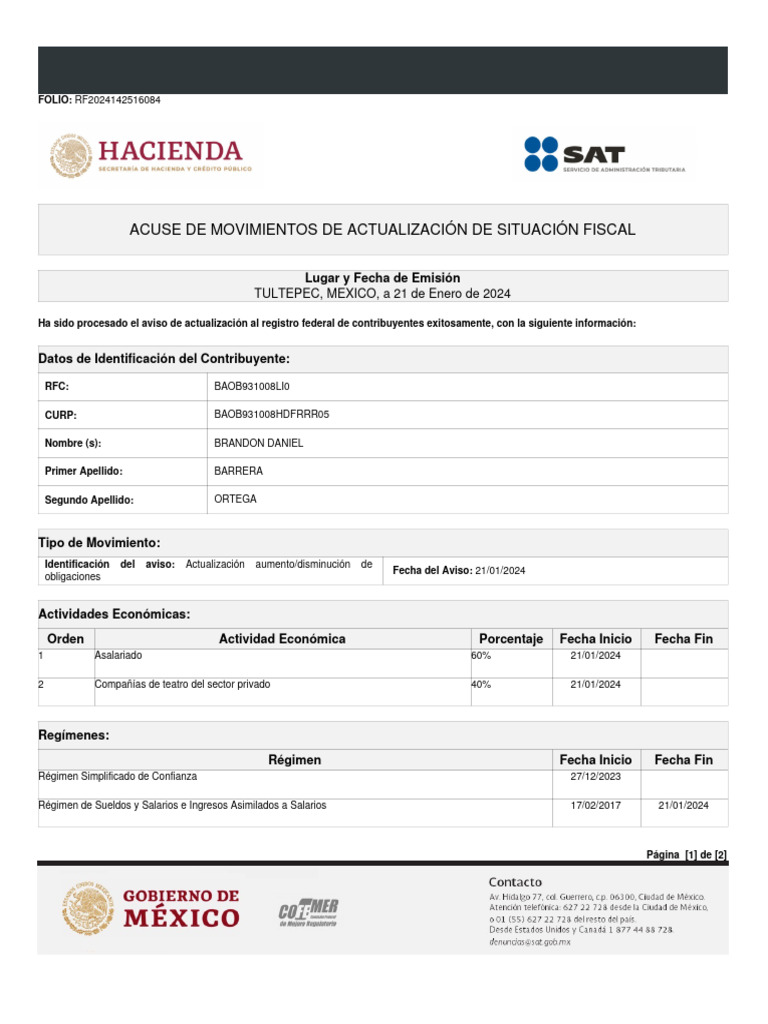 Acuse de Movimientos de Actualización de Situación Fiscal | PDF | Corrupción política | Justicia