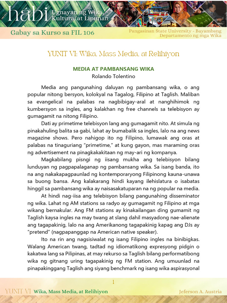 FIL 106 Gabay Sa Kurso - Yunit VI Wika Mass Med... (Template) | PDF