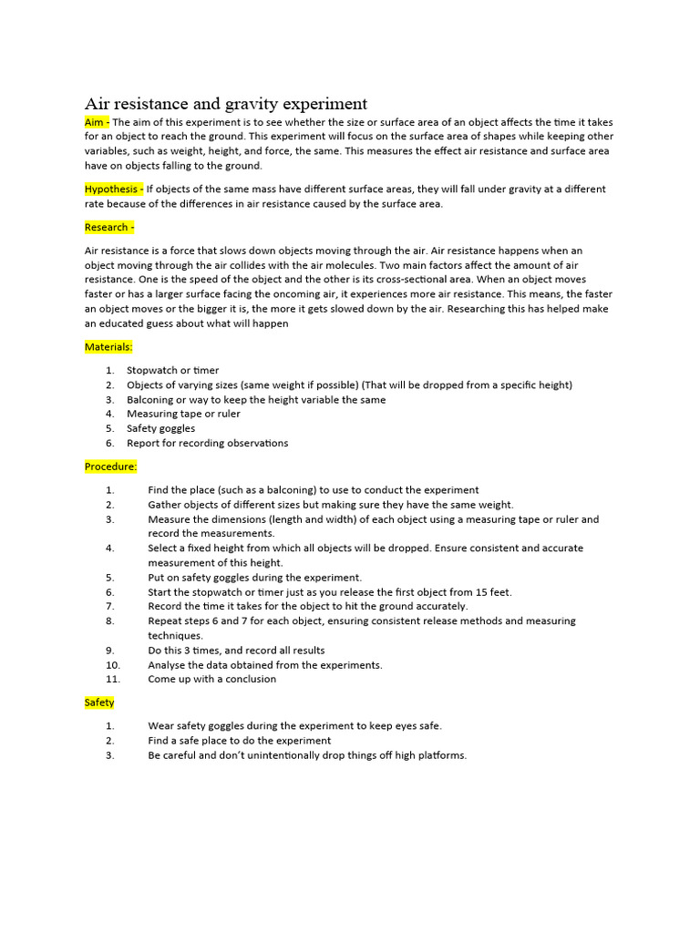 Air Resistance Experiment Guide | PDF | Experiment | Weight