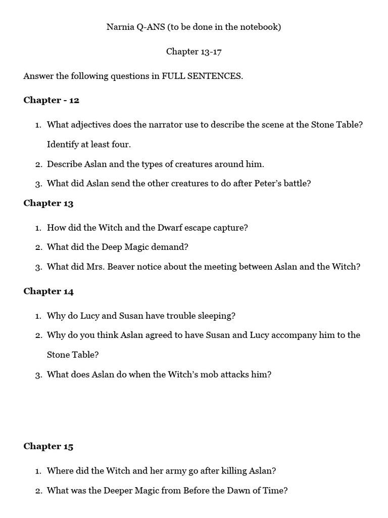 Narnia Chapters 13-17 Q&A Guide | PDF | Aslan | The Chronicles Of Narnia