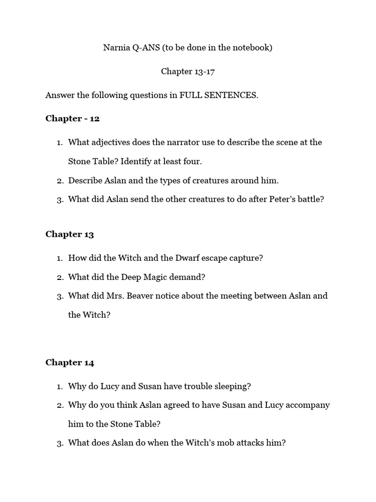 Narnia Chapter 13-17 Q&A Guide | PDF | Poetry | General Fiction