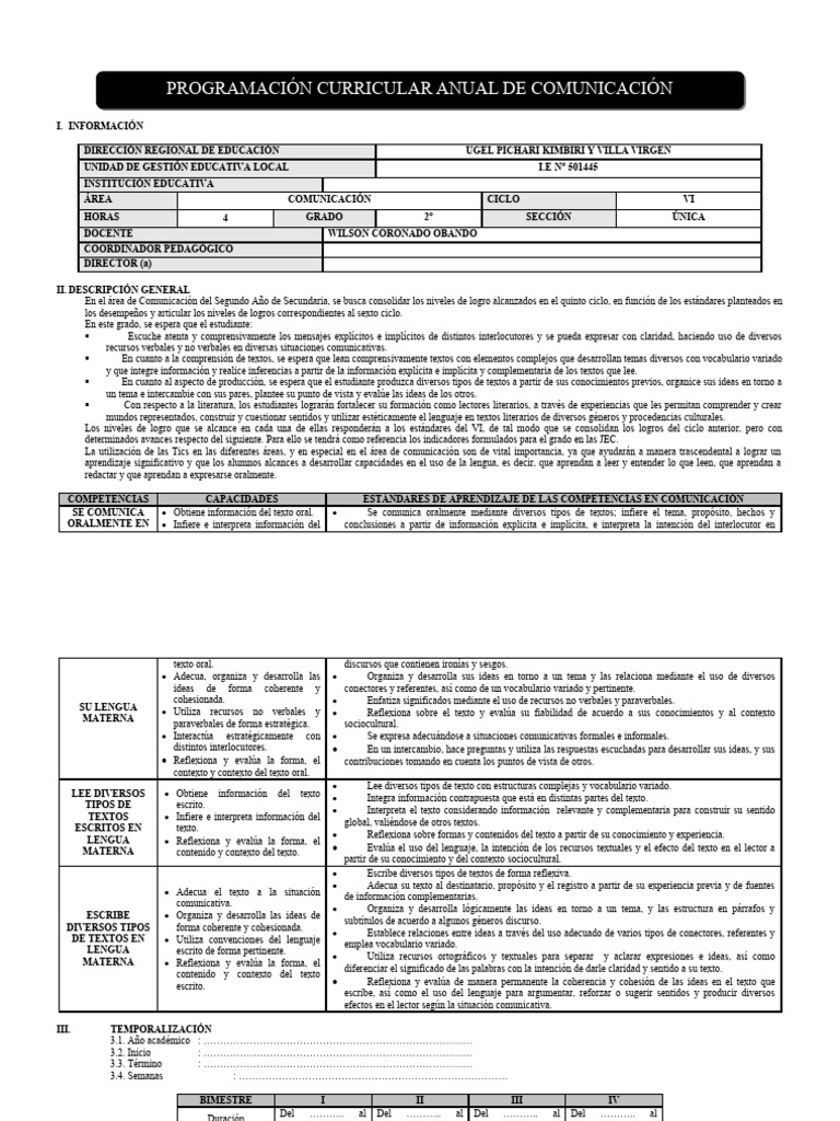 2do Programacion Anual Comunicación | Descargar gratis PDF | Aprendizaje | Enseñando